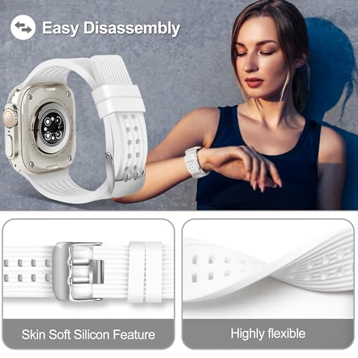 Blinddarm iWatch Luxury Design Band for Apple Watch Ultra/Ultra2 Band 49mm 45mm 44mm 42mmfor Men, Skin Soft Silicone Rubber Band with Stainless Steel Adapter for Apple Watch Band for iWatch Series 8 7