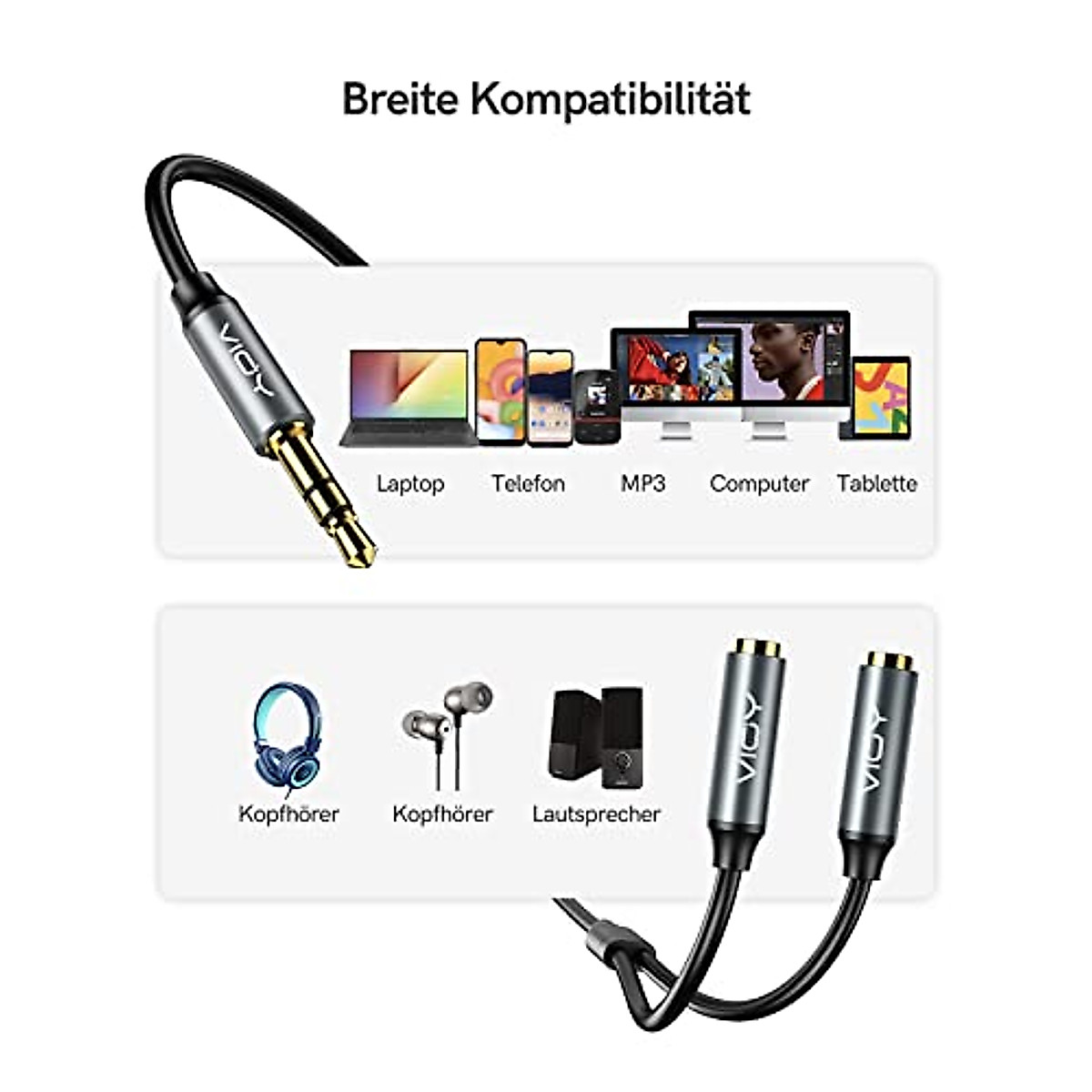 VIOY Headphone Splitter, 3.5mm Stereo Audio Y Splitter Cable Male to Female Dual Headphone Jack Extender for iPhone, Samsung, Tablet, Laptop, Speaker, MacBook (20cm)