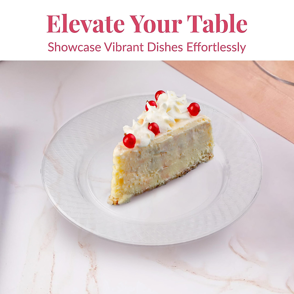 Prestee 100 Clear Plastic Plates, 6.25 Inch Disposable Dessert and Appetizer Plate for Party, Wedding, Catering - Small, Round, Heavy-Duty Platter for Cake and Foods