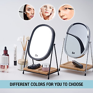 JOYOEIKON Tabletop 5x/1x Magnifying Makeup Mirror with Squared Bamboo Tray Small Desk Mirror 360° Rotation Vanity Mirror with Stand Desktop Cosmetic Mirror