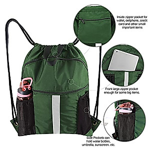 BeeGreen Dark Green Drawstring Backpack with Shoe Compartment X-Large Gym Sports String Cinch Backpack Athletic Sackpack with Front Inside Zipper Pockets