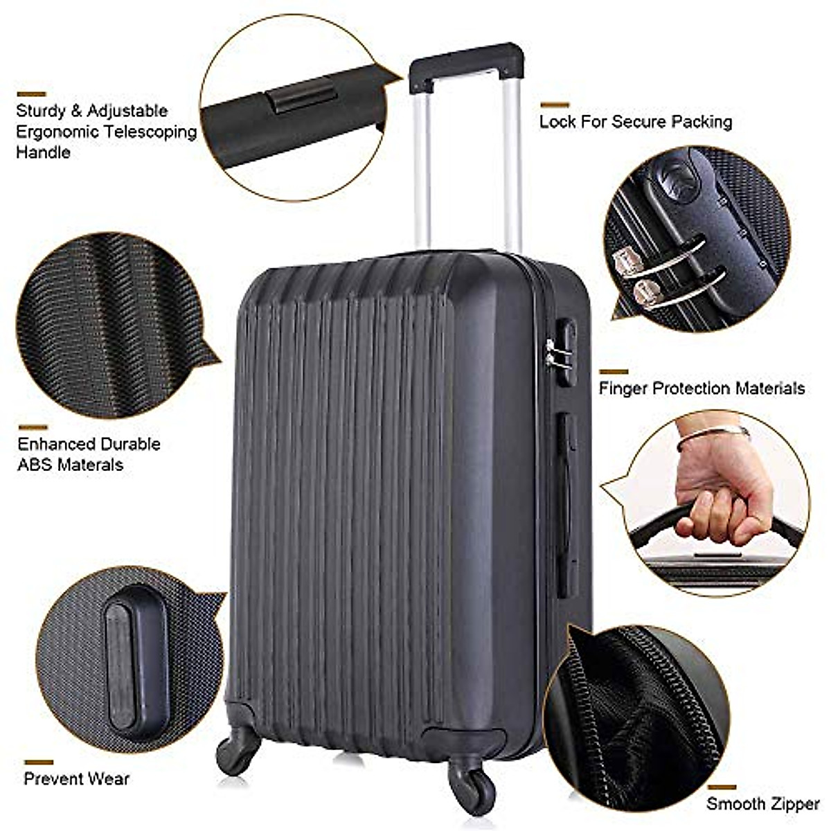 Fridtrip 4 Piece Luggage Sets Hard Shell Lightweight ABS Luggage Suitcase with Durable Spinner Wheels 16" 20" 24" 28" (Black)