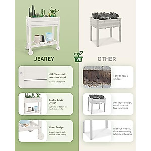 JEAREY Raised Garden Bed with Legs, HDPE Elevated Garden Boxes with Wheels, Raised Planter Box Outdoor, for Flowers Vegetables Herbs Backyard Patio Balcony, White