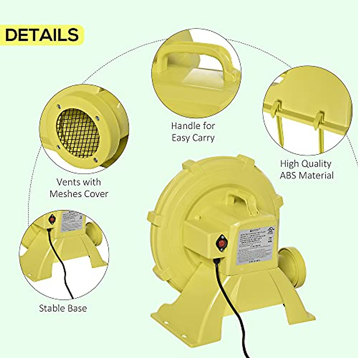 Outsunny Electric Air Blower 750-Watt Fan Blower Compact and Energy Efficient Pump Indoor Outdoor for Inflatable Bounce House, Bouncy Castle and Pneumatic Swimming Pool, Yellow