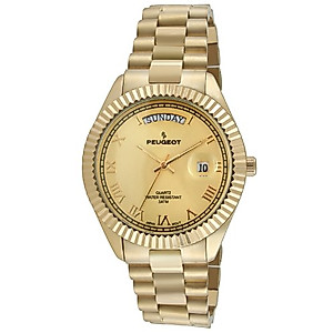 Peugeot 14K All Gold Plated Big Face Luxury Watch with Day Date Windows, Roman Numerals & Coin Edge Fluted Bezel Watch