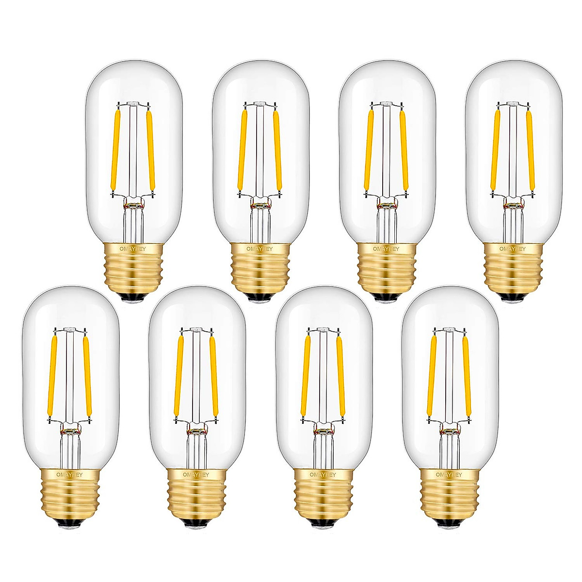 OMAYKEY 2W LED Tubular Bulb 25W Equivalent 250 Lumen, 2700K Warm White E26 Base, Antique Edison T45 Tube Clear Glass Dimmable LED Filament Bulbs, Chandelier Decorative Ceiling Fan Light Bulbs, 8 Pack