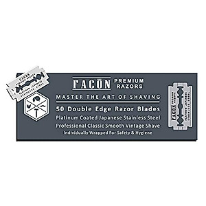 50 Facón Platinum Japanese Stainless Steel Double Edge Razor Blades for Safety Razor - Close Smooth Shaving Experience - 200+ Shaves