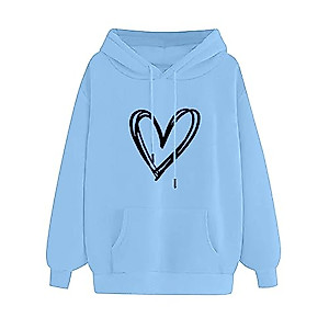 ZunFeo vintage sweatshirt prime early access deals for prime members Hoodies for Teen Girls Cute Heart Graphic Pullover Tops Oversized Drawstring Sweatshirts Soft Y2k Top Sky Blue M