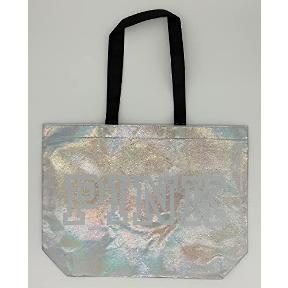 Victoria's Secret PINK XL Iridescent Silver Canvas Shopper Tote Bag, 22" x 16" x 6"