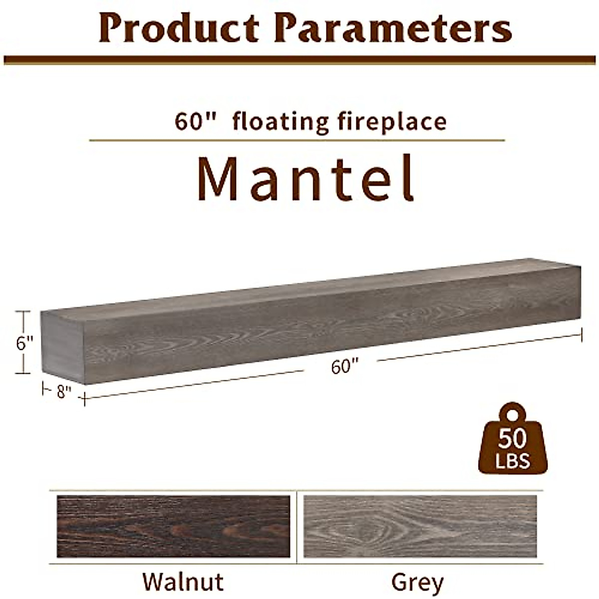 Fireplace Mantel | 60" W Wood Floating Shelves | Handcrafted Hollow Distressed Beam | Wall Mounted Wooden Display Shelfing | with Invisible Heavy Duty Hanging Wood Bracket | 60W x 6H x 8D, Ash Gray