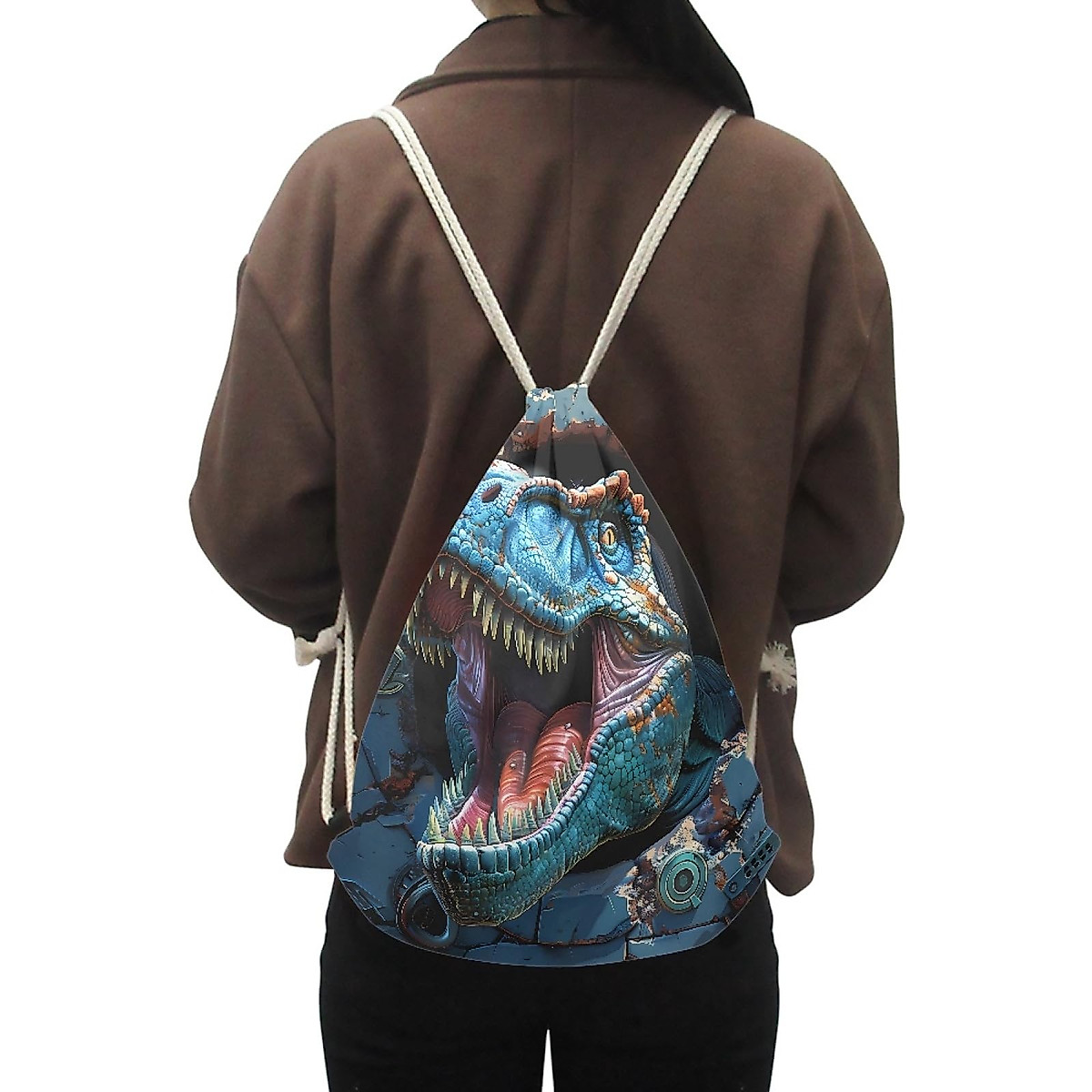 AFPANQZ Personalized Drawstring Bags T-rex Dinosaur Printed for Teenager Boys Sports Shoulder Bag Backpack Outdoor Causal Rucksack Satchel