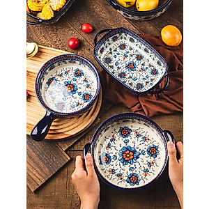 Bicuzat Blue and Orange Flower Vintage Style Ceramic Bakeware Casserole Dish Baking Pan Lasagna Pans with Handles for Oven/Cooking/Kitchen-1 PCS-22 OZ