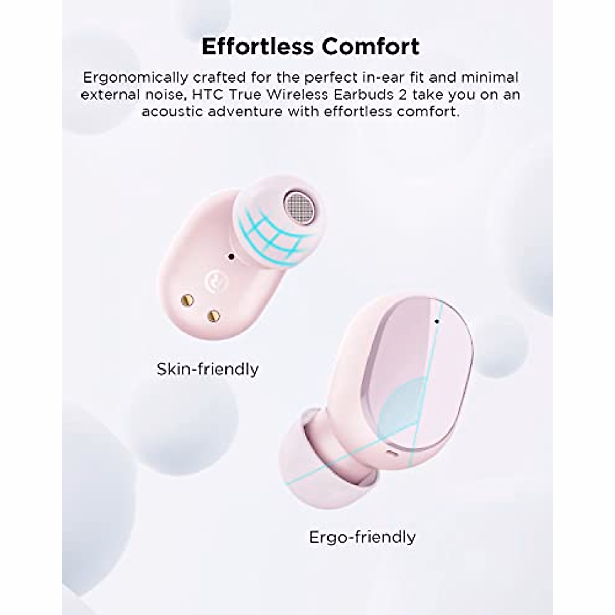 HTC True Wireless Earbuds 2 Bluetooth 5.1 with USB-C Charging Case, 32-Hour Playtime, Built-in Microphone, Touch Control Wireless Earbuds- Pink