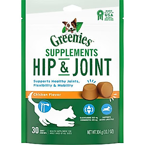 GREENIES Supplements Hip & Joint Supplements for Dogs With Glucosamine and Chondroitin, 30 Count Chicken-Flavor Soft Chews Dog Joint Supplements