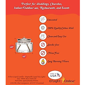 D'light Online HD8-90 Liquid Wax Disposable Clear 8 Hour Liquid Tealight Fuel Cell Oil Candle Cartridge Disposable Liquid Paraffin Smokeless Odorless | Clear Fuel Oil Shabbos Candles - Set of 90