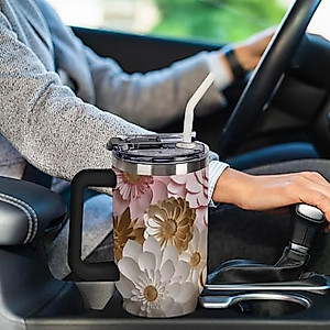NVBSKKDH Pink White Gold Flowers 40 Oz Stainless Steel Tumbler with Handle & Straw Double-Walled Vacuum Insulated Travel Mug for Hot/Cold Drinks, Reusable Thermal Cup for Car Cup Holder