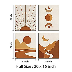 Creoate Boho Wall Art, 4 Pieces Mid Century Wall Art Sun Moon Boho Canvas Print Framed Set Artwork for Living Room Bedroom Wall Decor