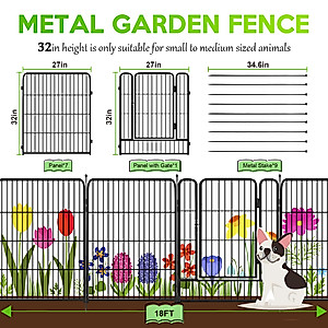 Rengue Garden Fencing, Decorative Garden Metal Fence, 18ft(L)×32in(H) Animal Barrier Garden Fence with Gate, Heavy Duty Iron Fencing for Dogs, Outdoor, Yard (8 Panels)