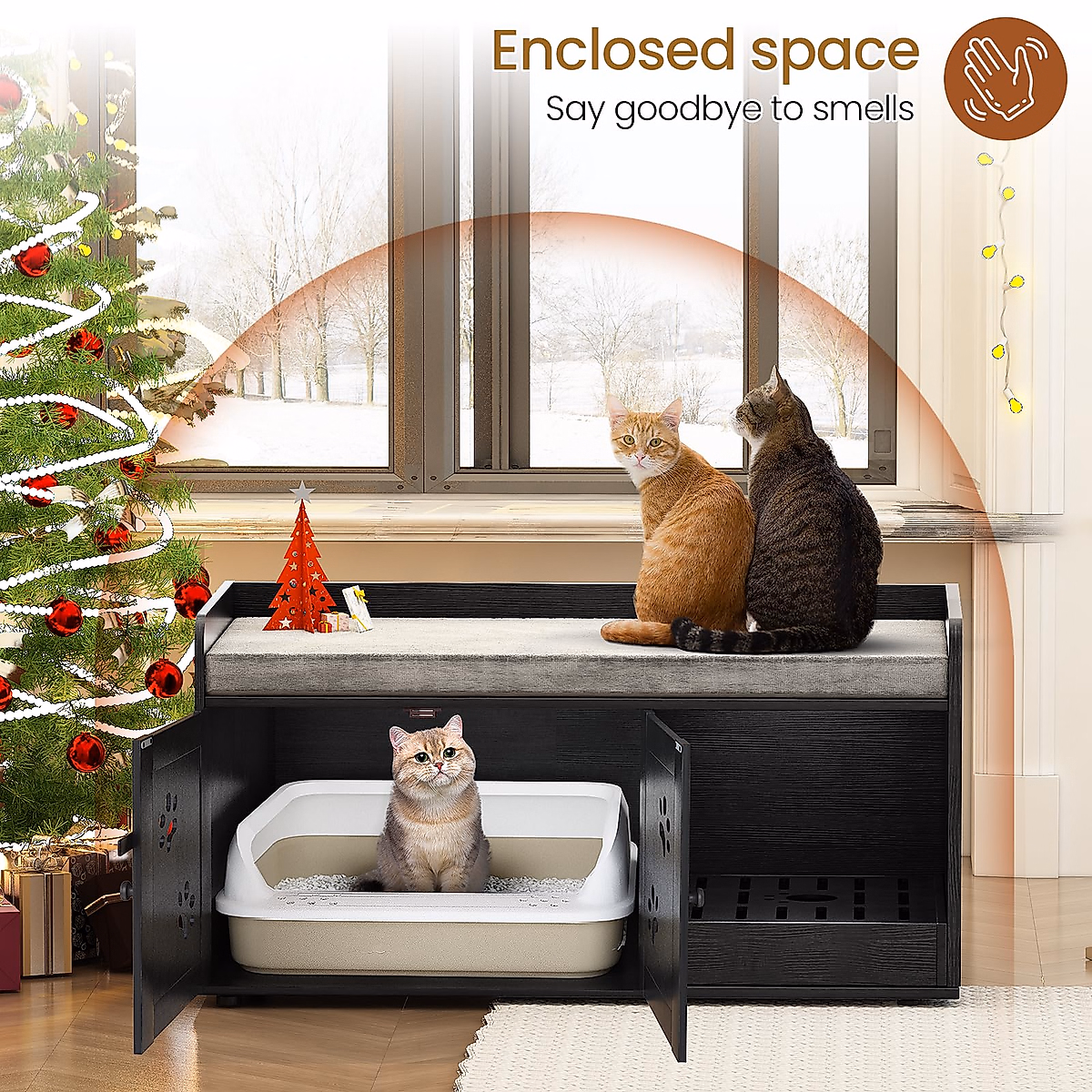 Recaceik Cat Litter Box Enclosure with Mat, Hidden Cat Washroom Furniture with Litter Catcher Box, Wooden Cat House with Door Indoor Cat Cabinet Fit Most Litter Box