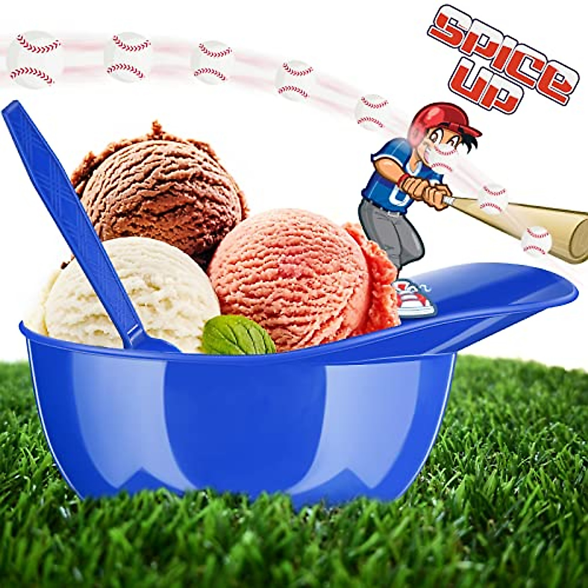 Nuogo Baseball Helmet Ice Cream Snack Bowl and Disposable Taster Spoons Set Mini Baseball Party Favors Small Dessert Ice Cream Bowls Serving Candy Sundae Cups for Ice Cream Sundae Party Supplies (12)
