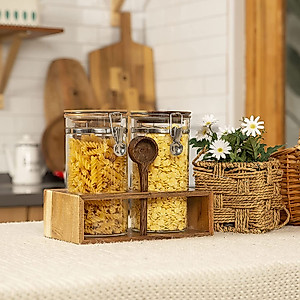 Yangbaga Glass Sugar Coffee Containers with Shelf, 2 x 45OZ Coffee Bean Canister Storage Station Organizer with Airtight Locking Clamp and Log Coffee Scoop, Large Capacity Food Storage Jar for Kitchen