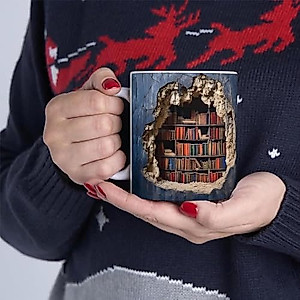 3D Effect Books Mugs, 3D Bookshelf Mug, Creative Space Design Multi-Purpose Mugs, Book Lovers Coffee Mug, Library Bookshelf Mug, Cute Mug Ceramic Coffee Mugs for Women and Men (A)