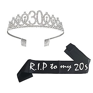 Joyiou 30th Birthday Sash and Tiara Set, Funny 30th Birthday Gift for Women, RIP to My 20s Sash, 30 Years Old Birthday Party Decorations, Death to My Youth Party Supplies Favor Supplies