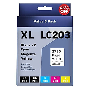 Brother LC 203 Compatible Ink Cartridge Value Pack. Works with MFC-J480DW MFC-J880DW MFC-J4420DW MFC-J680DW MFC-J885DW Printers. 5 Pack 2 Black, Cyan, Magenta, Yellow