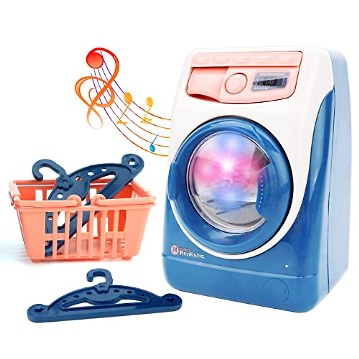 deAO Washing Machine Toy for Kids Dollhouse Furniture Pretend Play Household Appliance Realistic Sounds with Lights Laundry Play Set with Rotatable Roller for Children Birthday Present…