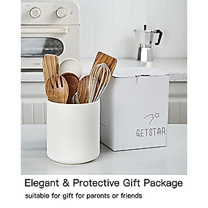 Getstar Utensil Holder, Large Kitchen Utensil Holder for Kitchen Counter (H7.2” x W6.2”), Ceramic Cooking Utensil Holder with Cork Mat, Kitchen Decor for Counter (White, Utensils Not Included)