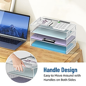 DALTACK 3 Tier Letter Tray Paper Organizer with Handle, Mesh Desk File Organizer, Paper Tray Desk Organizer for School Office Home, Metal Mesh, White