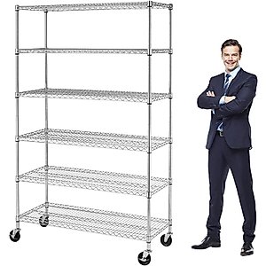 YRLLENSDAN 6000Lbs Capacity Adjustable Storage Shelves Heavy Duty Shelving Unit 6 Tier Metal Shelving with Wheels NSF Wire Shelving (48" W x 18" D x 72" H,Chrome)