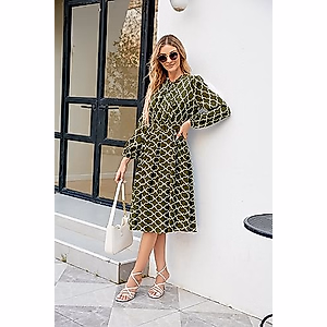 Modest Wear to Work Dress for Women Lantern Sleeve Business Fit and Flare Casual Dress for Business Lady Green