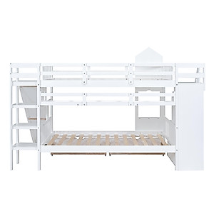 Harper & Bright Designs Full Over Full Bunk Bed with Stairs and Slide, Solid Wood Bunk Bed Frame with Storage Drawers and Bookshelf, for Kids Teens Adults- White