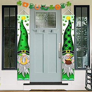 St Patricks Day Decorations Outdoor, 3 Pack Green Gnomes Welcome Banners Porch Signs with Glitter Garland Banner, Irish Shamrock Saint Patrick's Day Décor for The Home Party Door Tree Classroom Office
