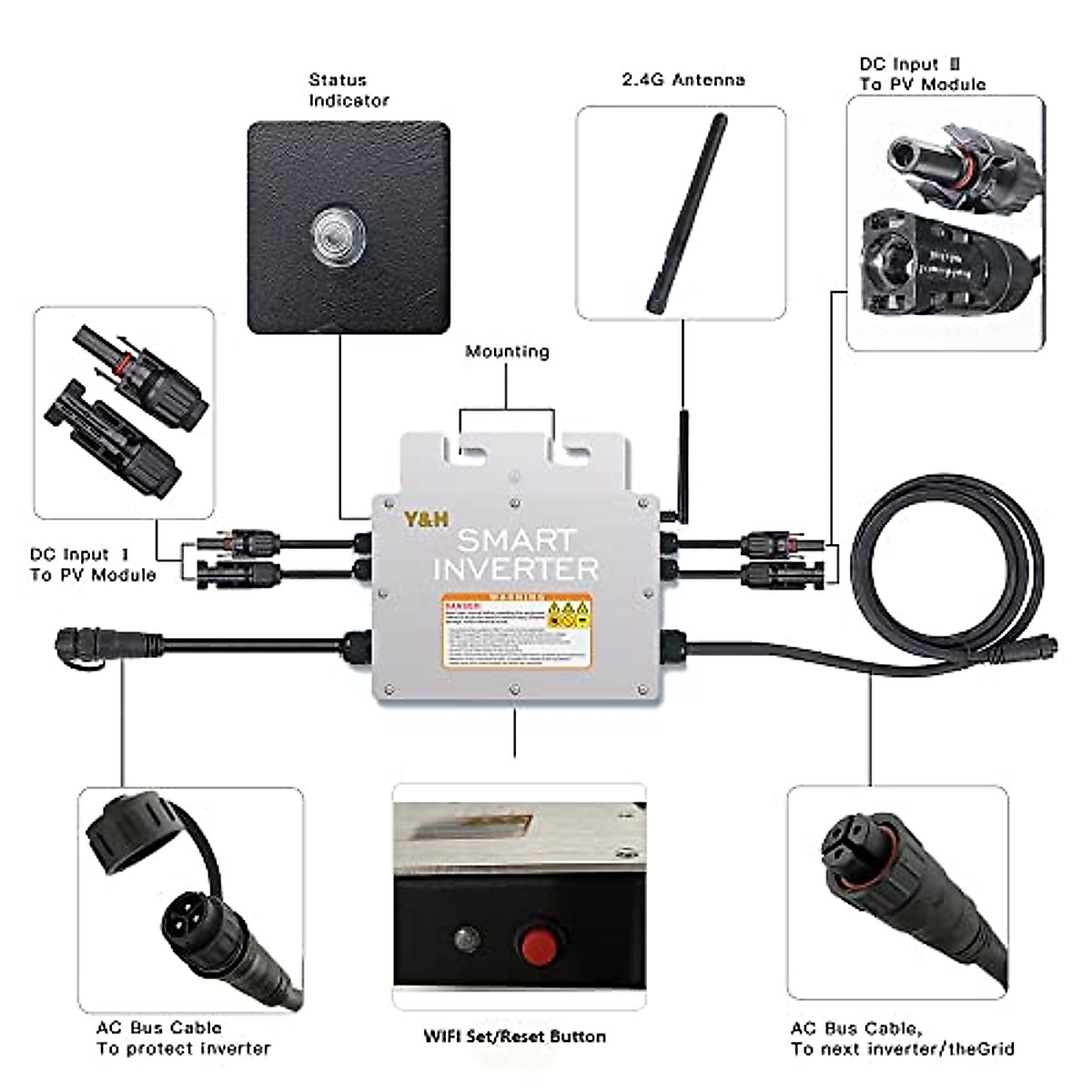 Y&H 600W Grid Tie Micro Inverter with WiF Communication Waterproof MPPT Stackable DC30-60V Solar Input AC110V 220V Auto Pure Sine Wave Output for 30V 36V PV Panel