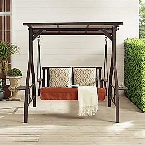 Ulax Furniture 2-Seat Outdoor Patio Swing Chair, Porch Swing Glider Chair with Convertible Canopy, Solar LED Light and Sunbrella Pillows for Poolside, Garden, Balcony, Backyard