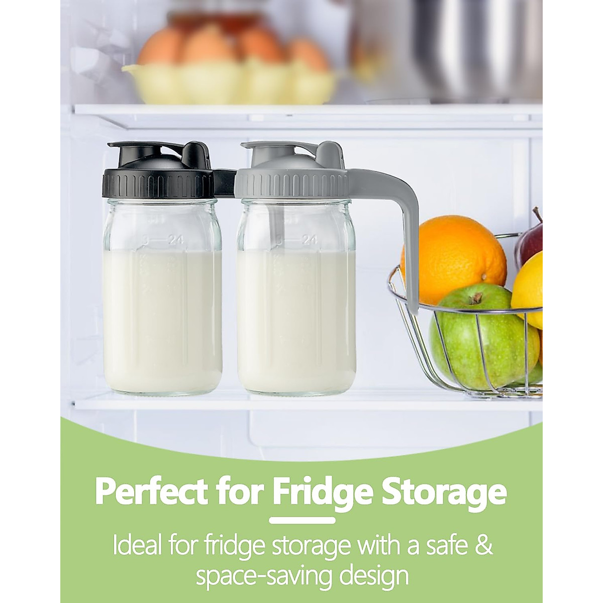 32oz Glass Pitcher with Lid & V-shaped Pour Spout - 1 Quart Breastmilk Pitcher Double Leak Proof, Creamer Container for Sun Tea, Juice, Cold Brew Coffee, Breastmilk Storage Container