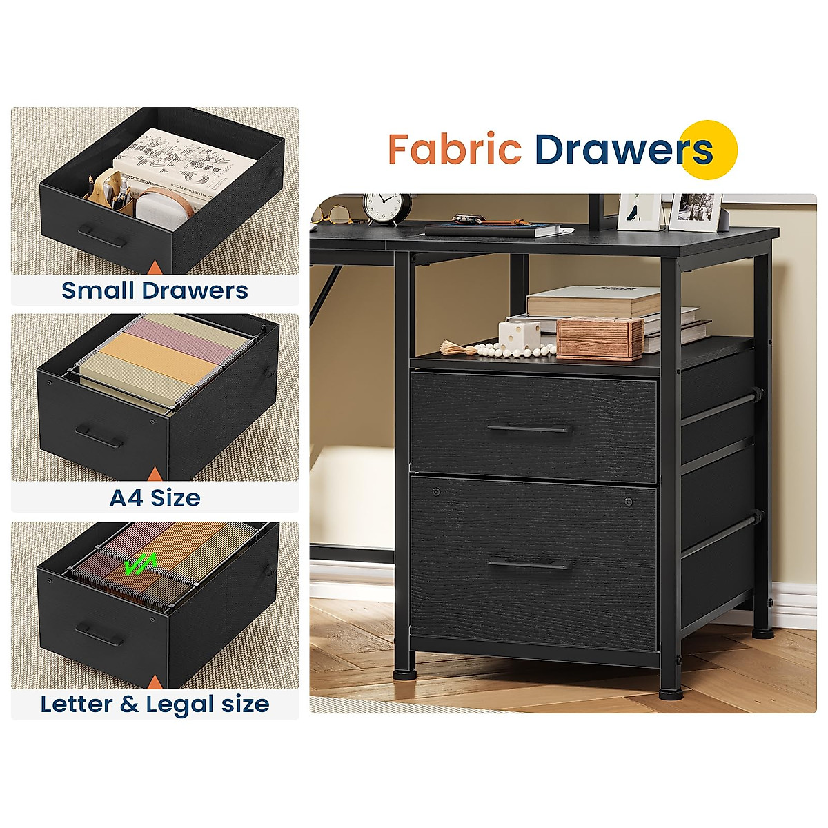 UPOSOJA 67in L Shaped Computer Desk with Power Outlets, 90.5in Long Home Office Desks with 2 Monitor Stands, 2PC Small Corner Table, Storage Cabinet Rack Drawers(Black)