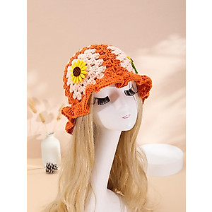 Verdusa Women's Floral Applique Crochet Bucket Hats Knit Caps Orange one-Size