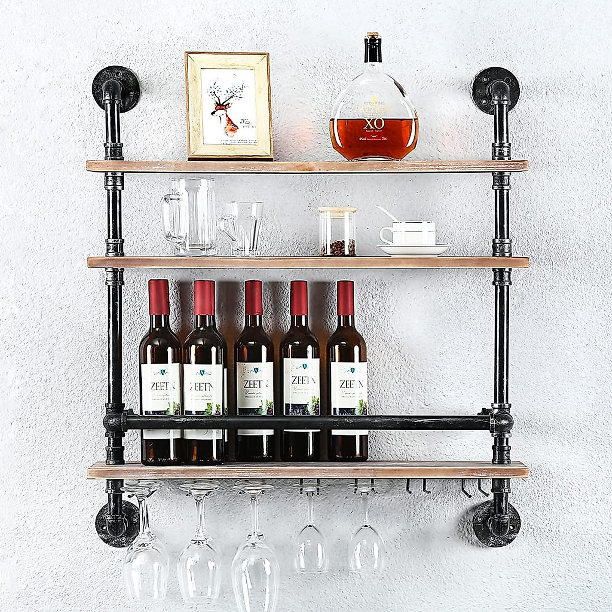 Industrial Hanging Wine Glass Rack Wall Mounted,30in Pipe Shelf Wine Rack with 7 Glass Holder,Rustic Wine Glass Holder Stemware Racks,Pipe Shelving Wood Shelves Floating Wine Glass Shelf