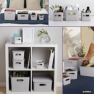 Superio Ribbed Collection - Decorative Plastic Open Home Storage Bins Organizer Baskets, Medium White Smoke (6 Pack) Container Boxes for Organizing Closet Shelves Drawer Shelf 5 Liter