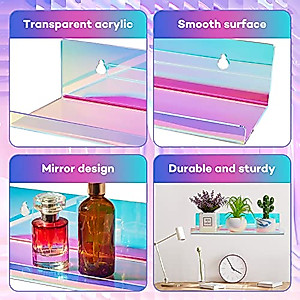 8 Pcs Rainbow Iridescent Acrylic Floating Shelves 4 Sizes Holographic Wall Mounted Kids Shelves Nail Polish Rack Acrylic Bathroom Shelf Rainbow Wall Shelf Book Display Shelves for Bedroom Living Room