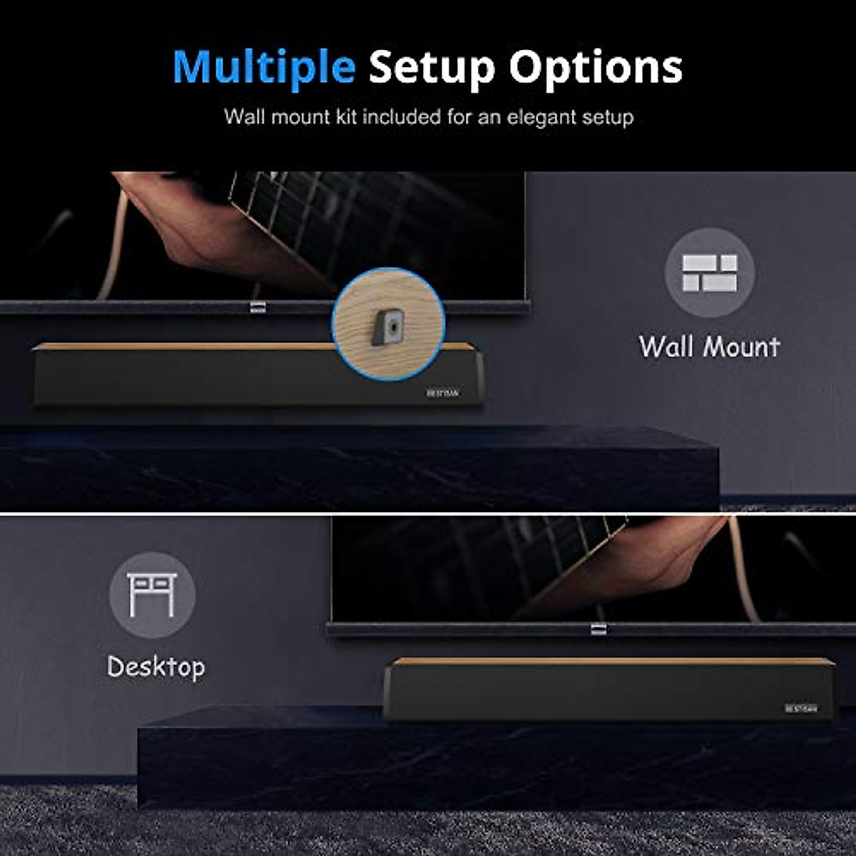 Sound Bar, BESTISAN 60 Watt Sound Bars for TV with Unique Oak Finish Design, 3 Equalizer Modes, Optical/Coax/AUX/USB Driver Connection, Bluetooth 5.0, Bass Adjustable, Deep Bass, 2022 Upgrade Version