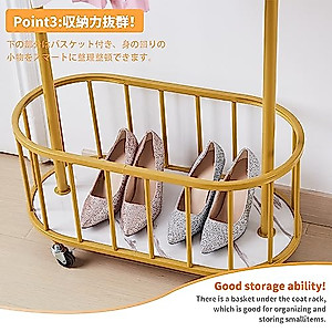 BOOSDEN Clothing Rack with Wheels，Metal Rolling Garment Rack for Hanging Clothes, Clothes Hanger Rack with 4 Hooks