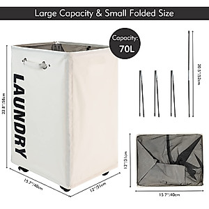 Lifesela 22" Pro Rolling Laundry Basket, Large Laundry Hamper on Wheels, Collapsible Dirty Clothes Hamper with Drawstring Mesh Cover, Corner Clothes Storage Basket Laundry Bin with Handle (Beige)