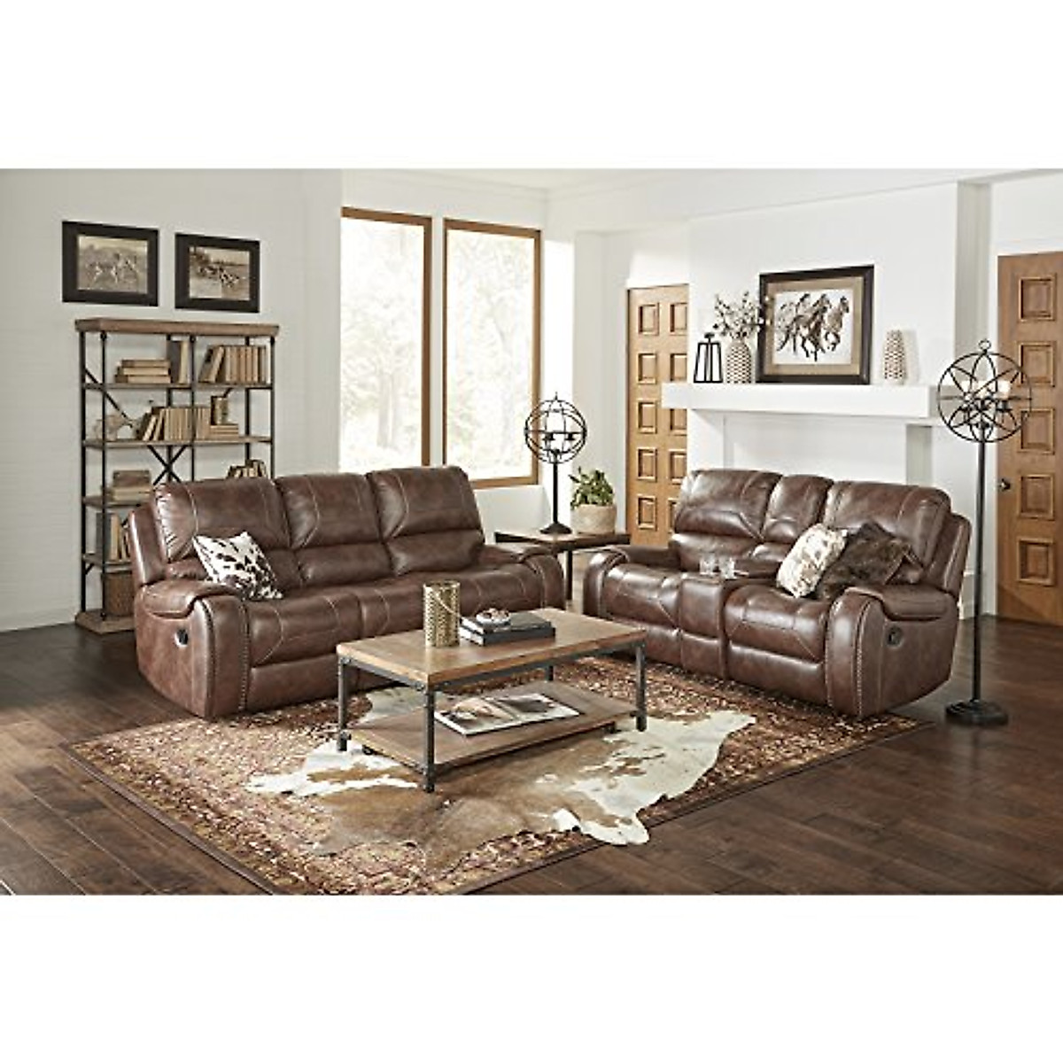 Roundhill Furniture Achern Brown Leather-Air Nailhead Manual Reclining Sofa and Loveseat with Storage Console and USB Port
