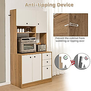 Giantex Kitchen Pantry, Buffet Hutch with 3 Storage Cabinet, 71'' Floor Large Cupboard with 3 Deep Drawers, Wide Countertop, Adjustable Shelves, Tall Sideboard (White & Natural)