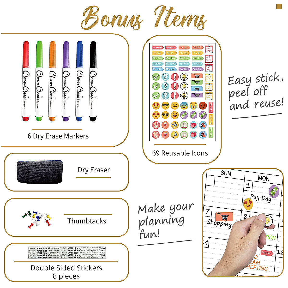 CLEVER CLEAN Large Dry Erase Wall Calendar - 24"x 36" Undated Monthly Calendar for Home, Office, Classroom - Reusable Laminated Task Organizer