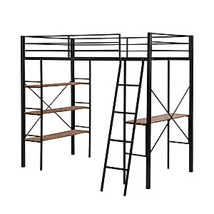 Kids Metal Loft Bed Twin Size, Twin Loft Bed with Desk and Storage, Twin Size Loft Bed with Full Length Guardrail and Ladder, Heavy Duty Loft Bed for Kids, (Twin Black)